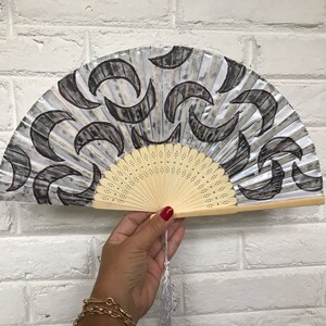 Hand Painted Hand Fan, Moon Hand Fan, Silver & Black Moon Fan - Rave ...