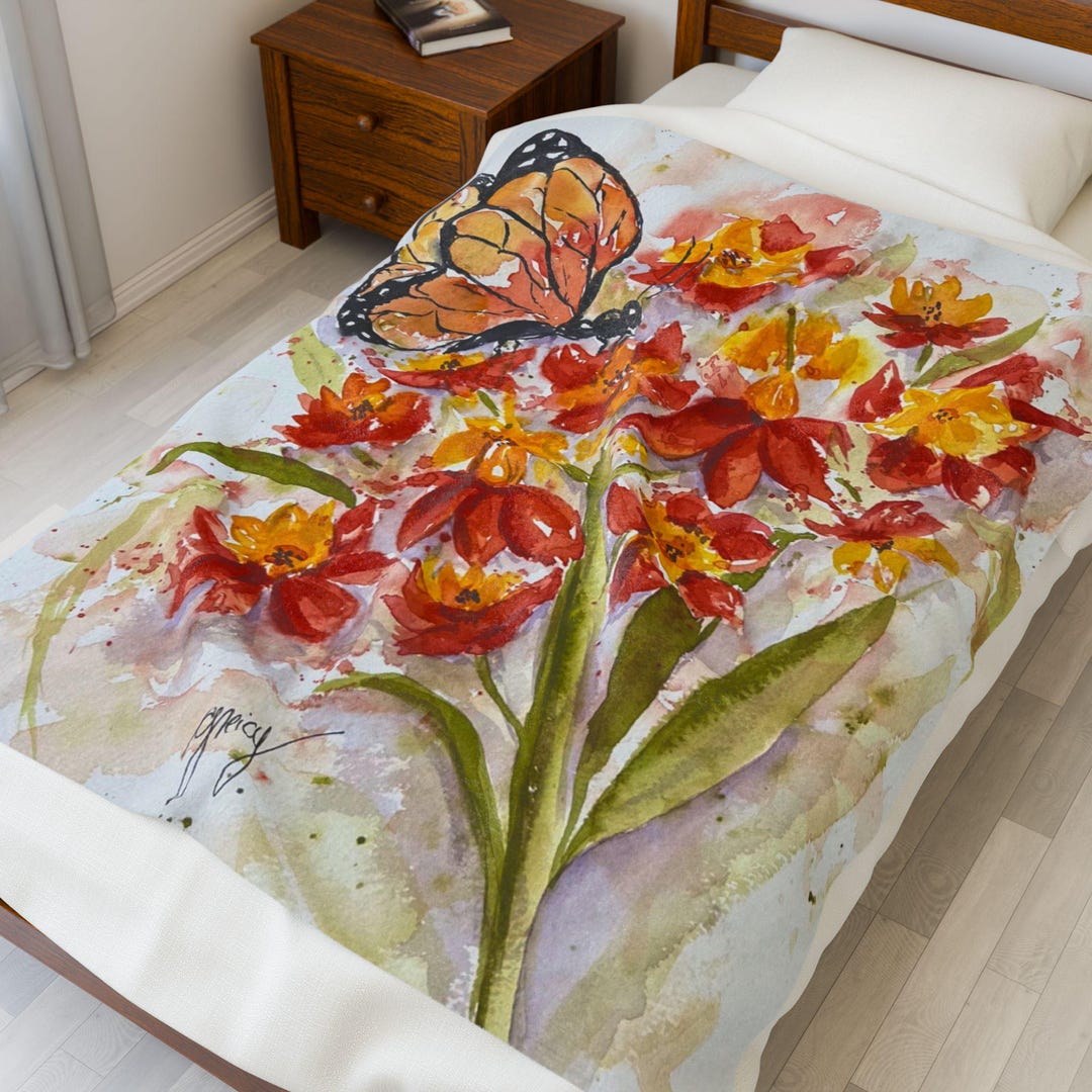 Monarch and Milkweed Throw, Velveteen Plush Blanket, Hand Painted ...