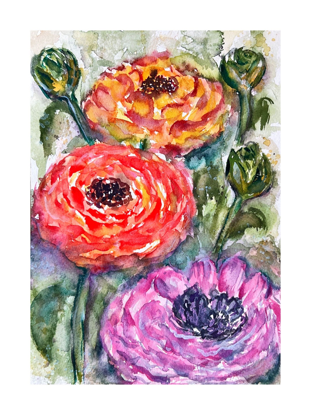 Ranunculus Watercolor, Original Ranunculus Painting Colorful Flowers ...