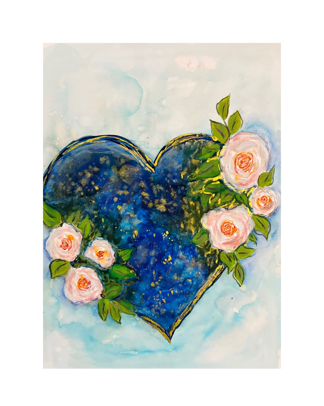 Sparkling Heart and Flower Watercolor Hand Painted Heart Art Colorful ...