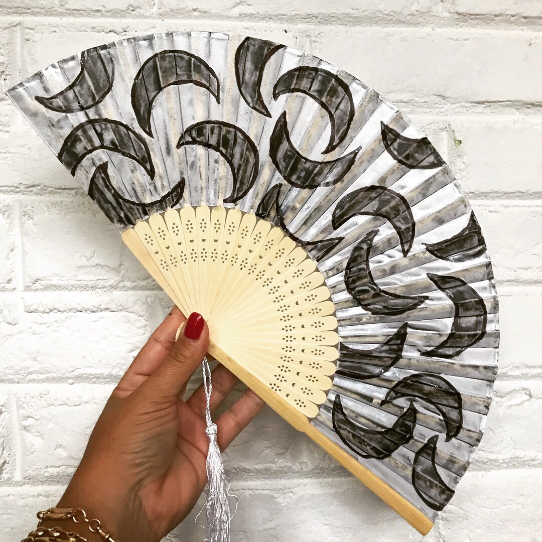 Hand Painted Hand Fan, Moon Hand Fan, Silver & Black Moon Fan - Rave ...