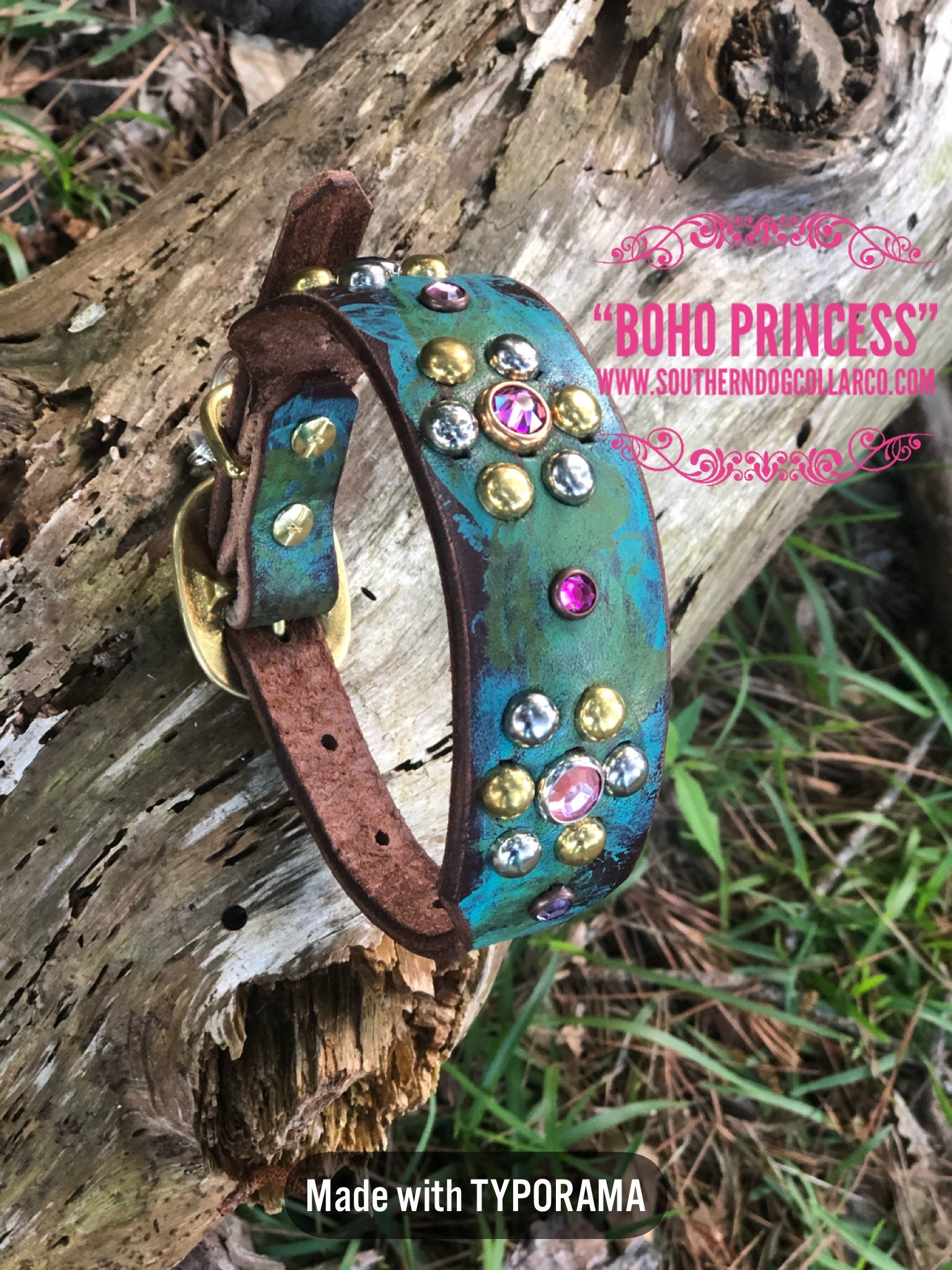 Boho Princess leather dog collar turquoise - Boho dog collar -Border ...