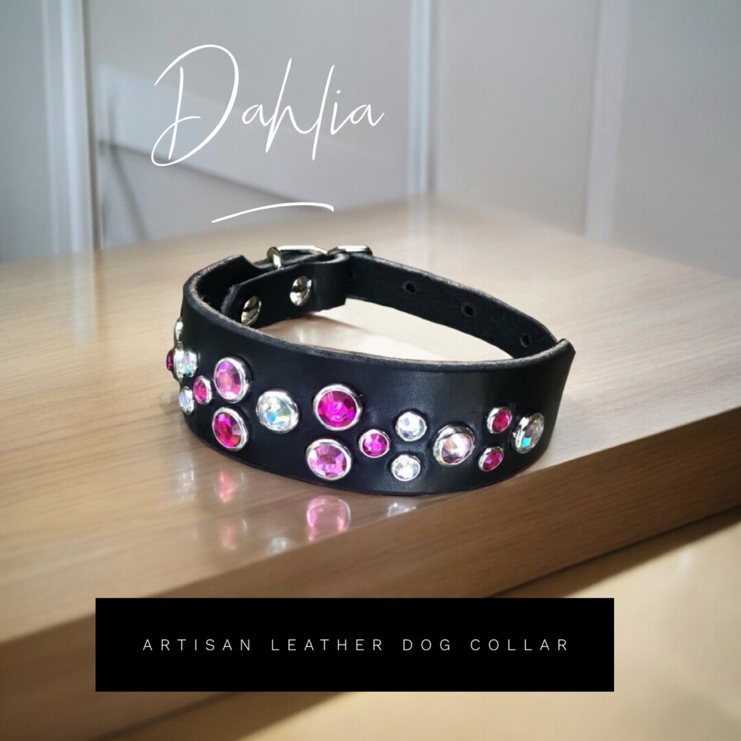 Dahlia Hot Pink Leather Dog Collar With Pink Diamond Rhinestone Crystal ...