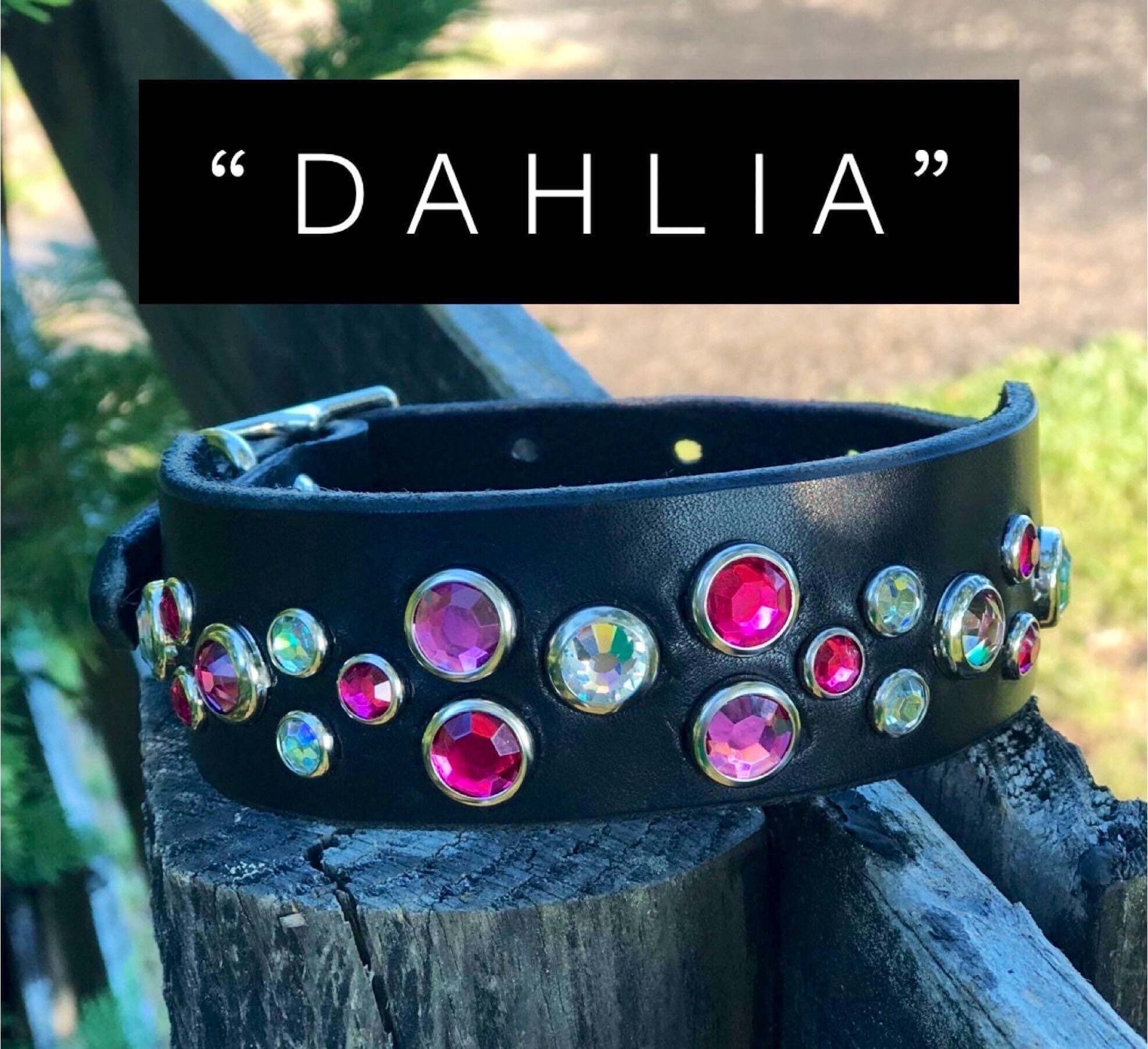 Dahlia hot pink leather dog collar with pink diamond rhinestone crystal ...
