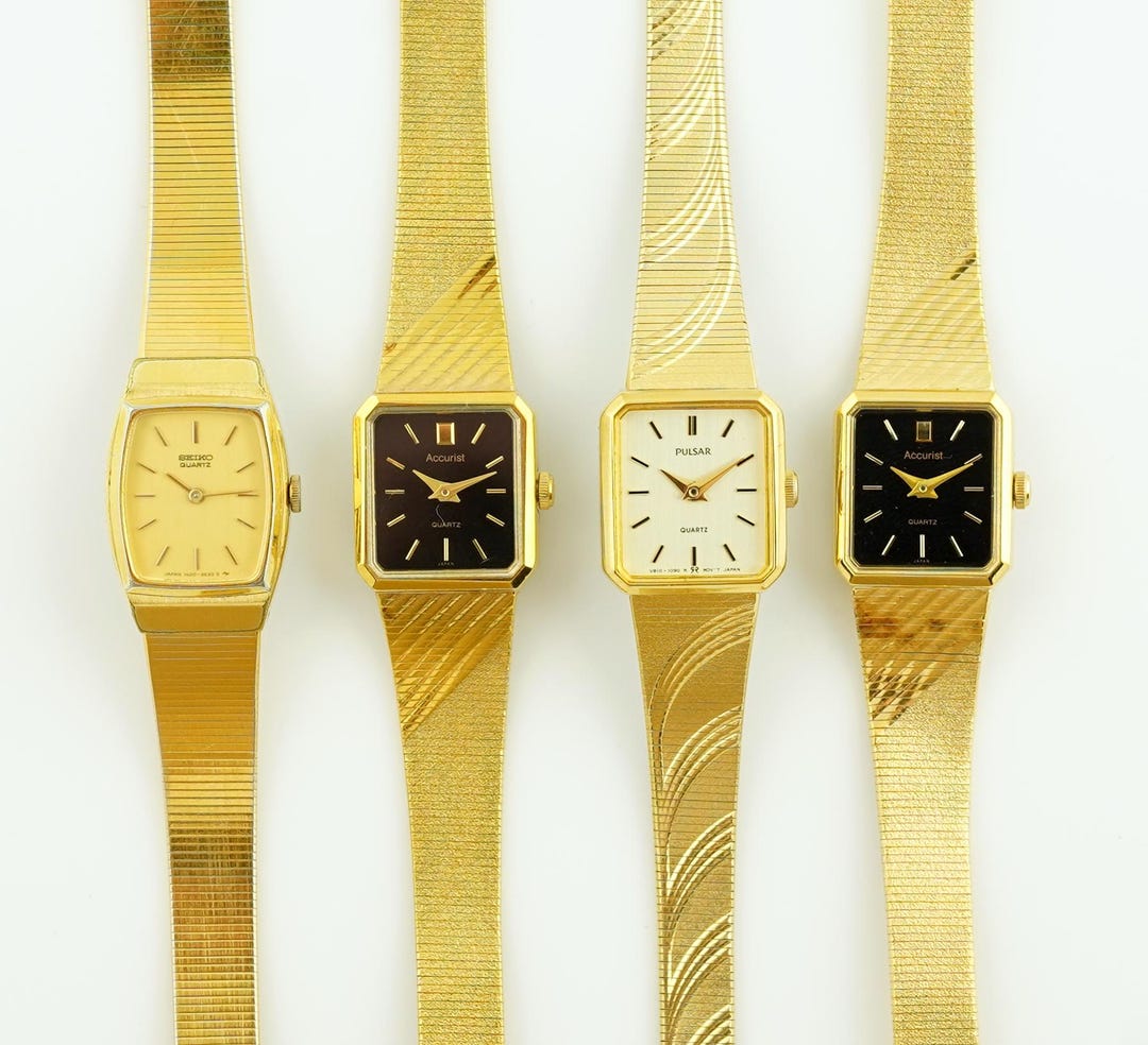 Vintage Seiko Watch, Women's Accurist Gold Colored Watch, Black Dial ...