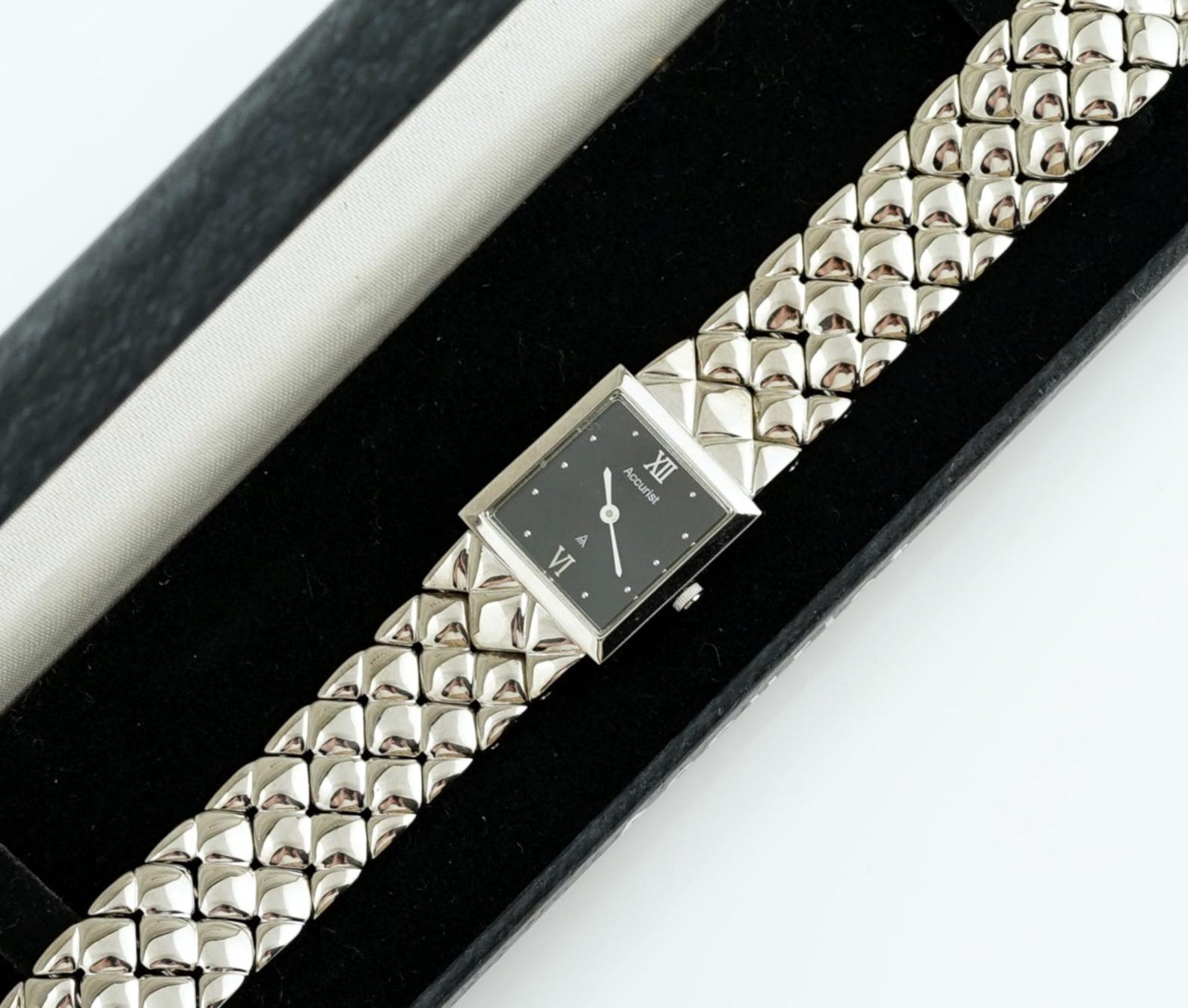 Vintage Accurist Silver Tank Watch, Black Dial Cocktail Wristwatch ...
