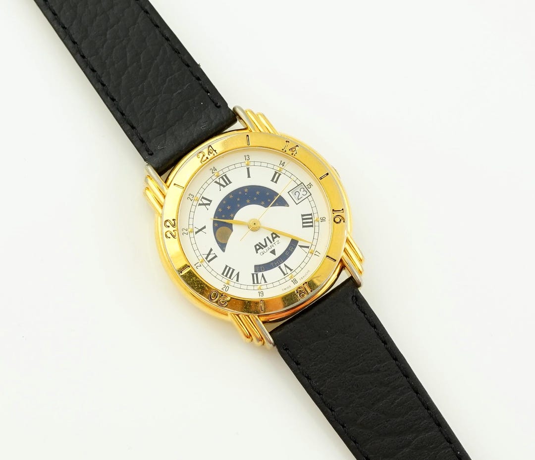 Vintage Avia Men’s Moon Phase Watch: Gold Tone Case, Black Leather ...