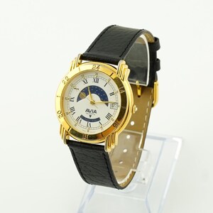 Vintage Avia Men’s Moon Phase Watch: Gold Tone Case, Black Leather ...
