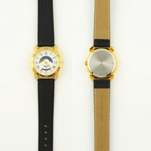 Vintage Avia Men’s Moon Phase Watch: Gold Tone Case, Black Leather ...