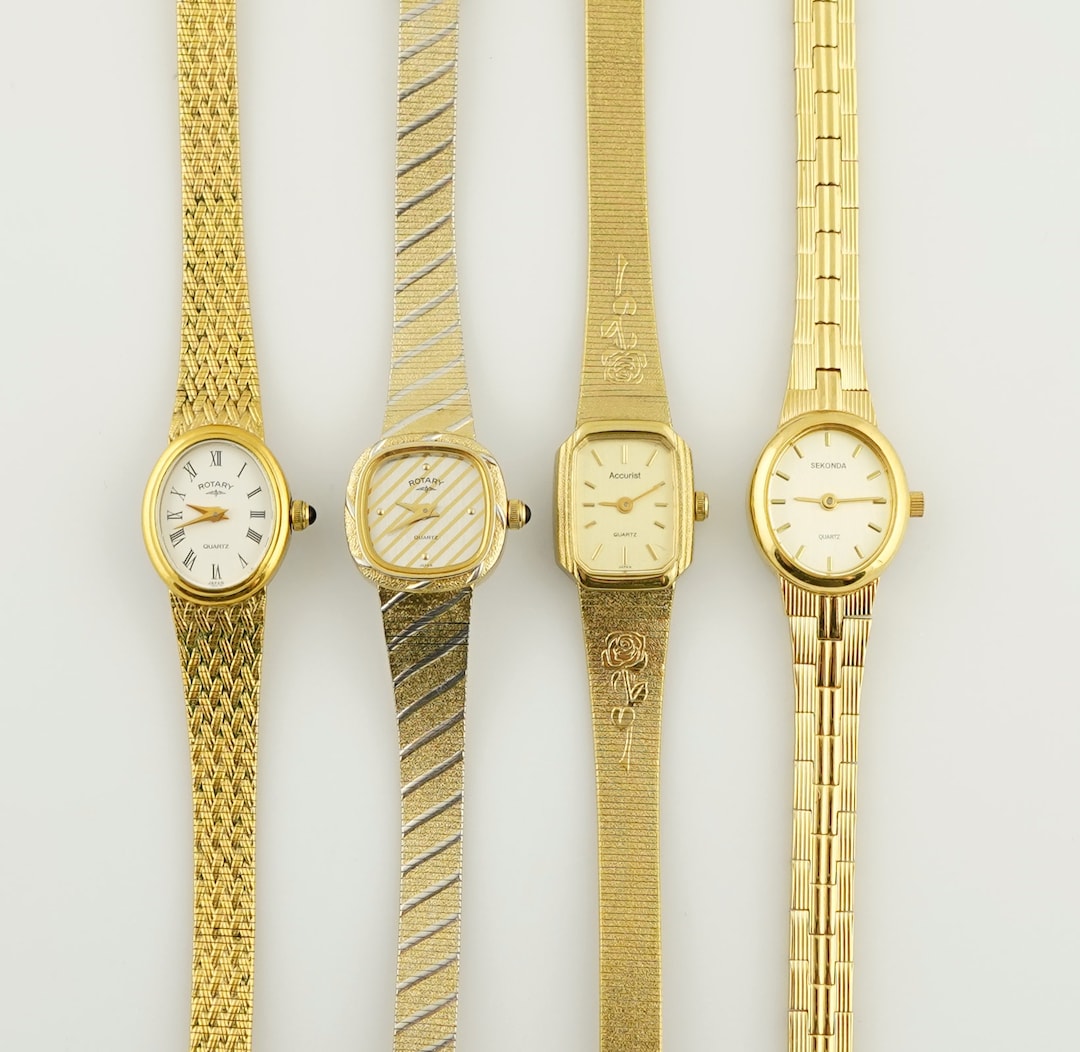 Vintage Damen-Drehuhr, goldfarbene Damenuhr, dünne Damen-Cocktail ...