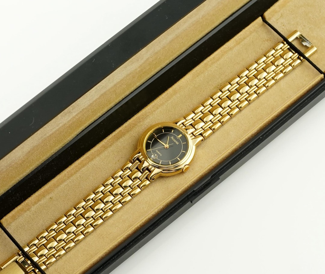 Vintage Accurist Womens Watch, Gold Tone, Black Dial With Date, Watch ...