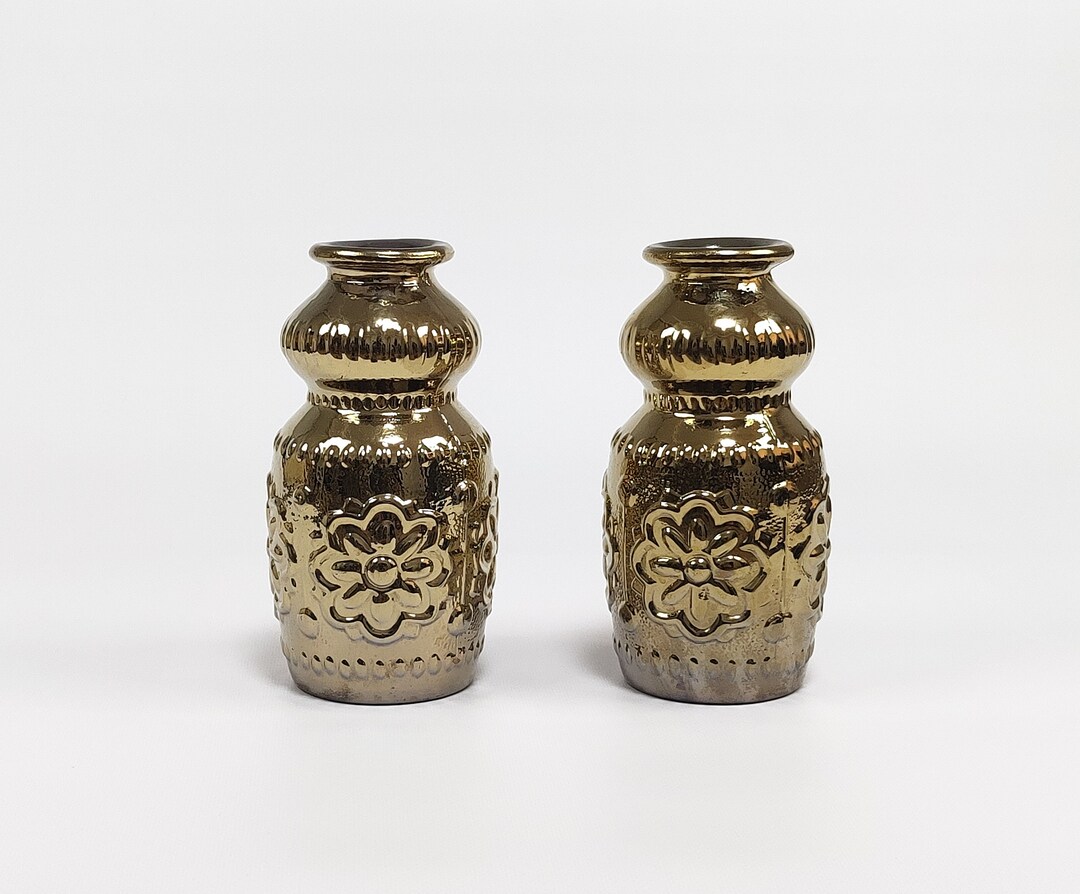 Vintage Glass Vase With a Gold Coating, Glass Vase With a Flower Relief ...