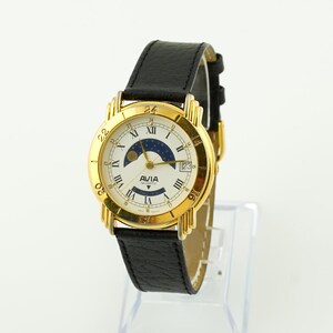Vintage Avia Men’s Moon Phase Watch: Gold Tone Case, Black Leather ...