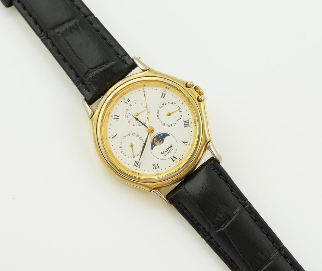 Vintage Accurist Gold Mens Watch, Moon Phase Wristwatch, Date Day ...