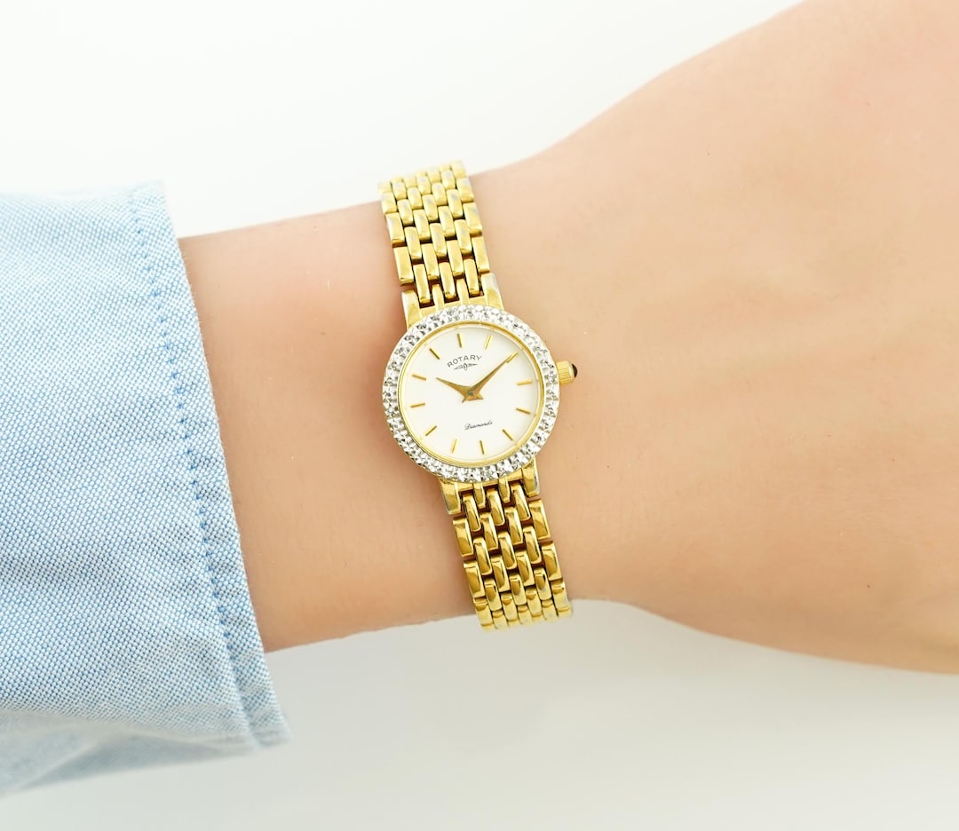 Vintage Rotary Gold Watch, Rhinestone Bezel, Stainless Steel Bracelet ...