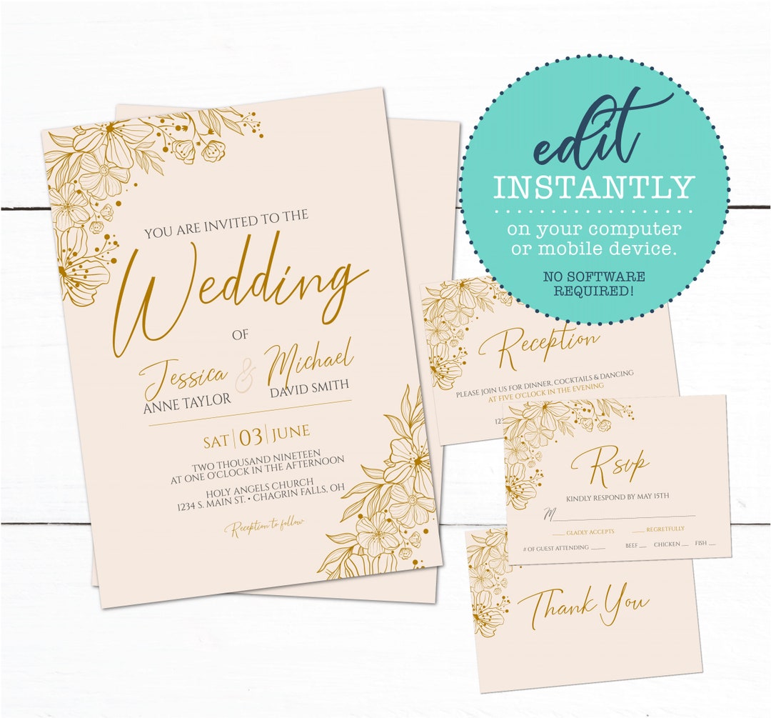 Rose Gold Floral Wedding Invitation Set - Printable Wedding Invitation ...