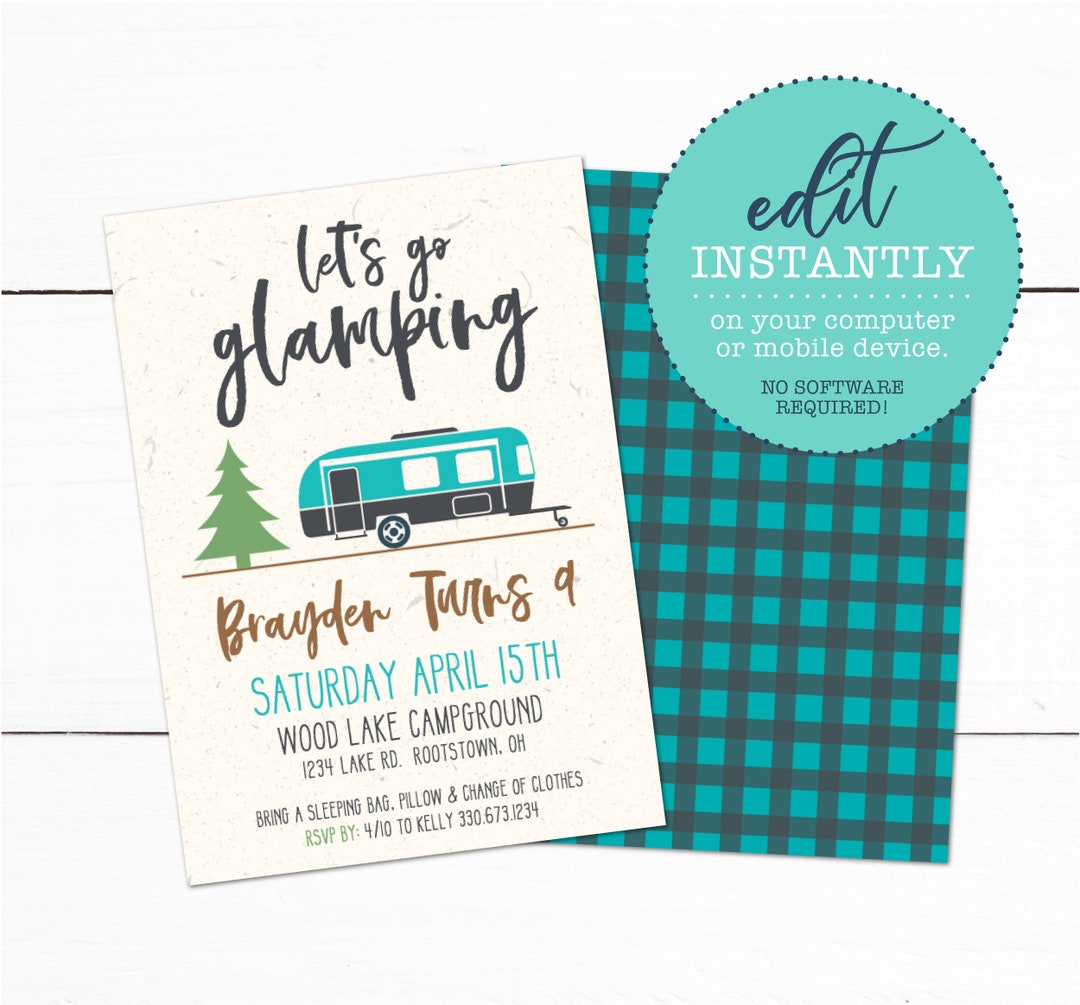 Glamping Camping Campout Birthday Party Invitation - Camping Getaway ...