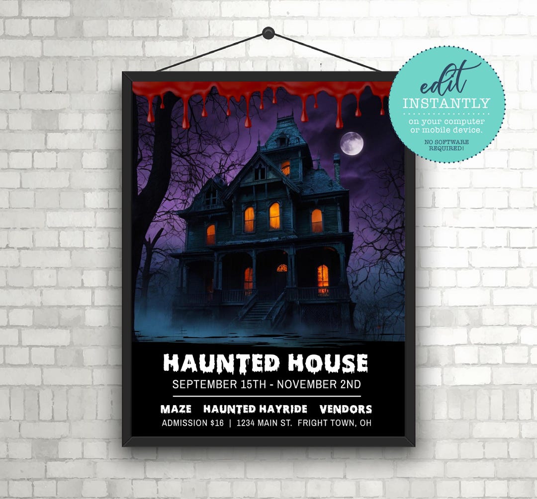 Haunted House Poster Template - Edit & Print or Upload - Etsy