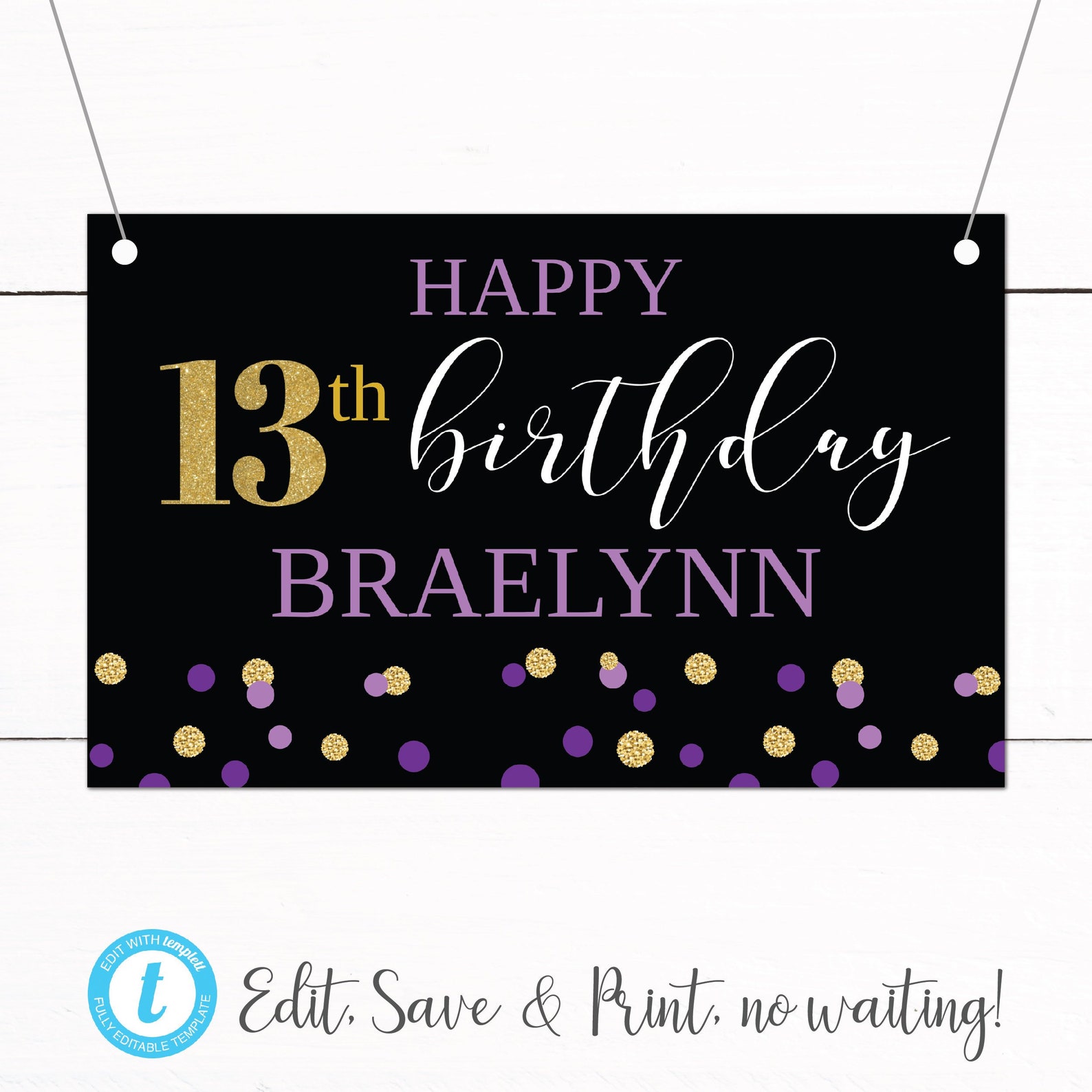 Girls Thirteenth Birthday Party Banner - Glitter Gold Purple Party ...
