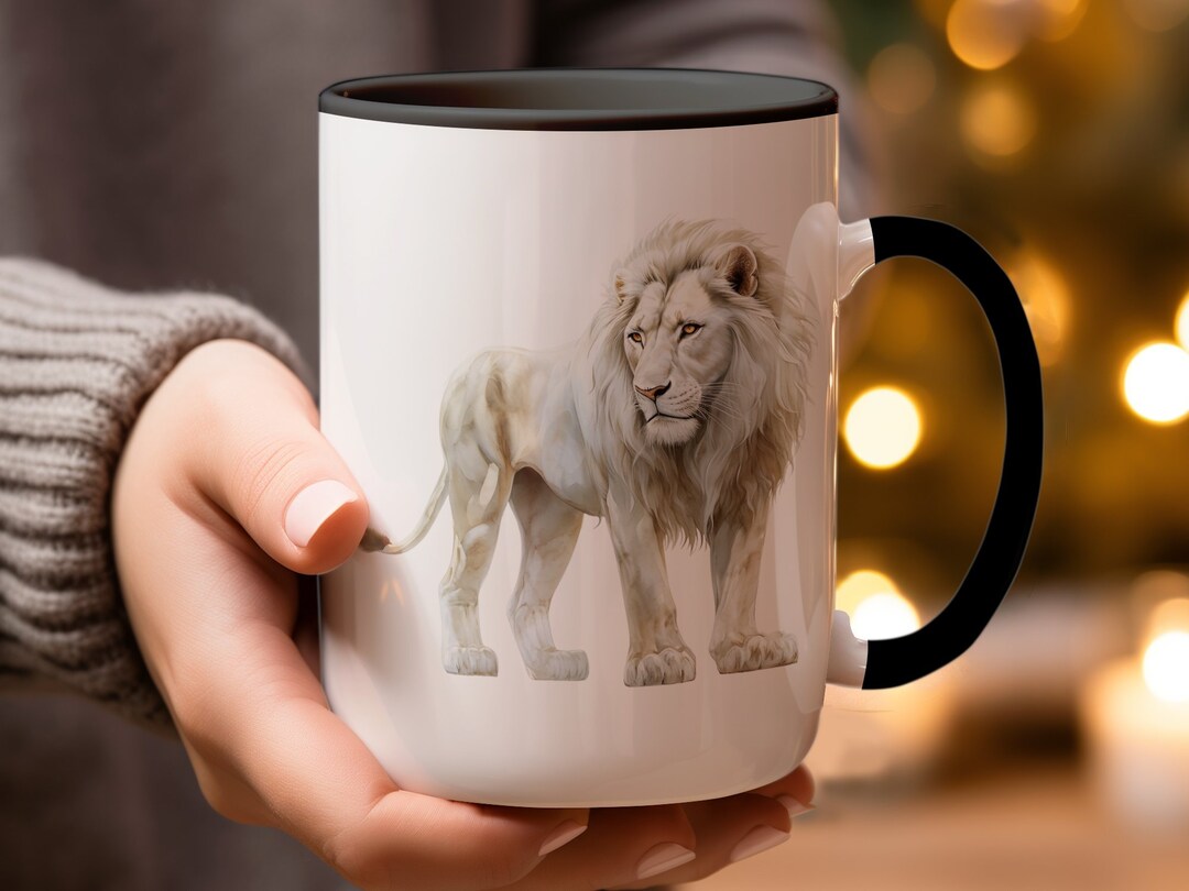 Majestic White Lion Mug, Unique Wildlife Jungle Art Coffee Cup, Lion ...