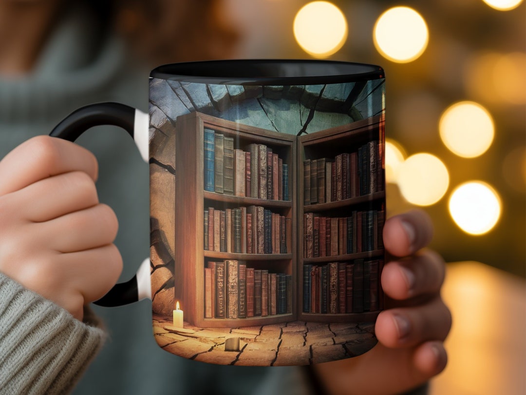 Mystical Bookshelf Mug, Fantasy Library Candlelight Coffee Tea Cup ...