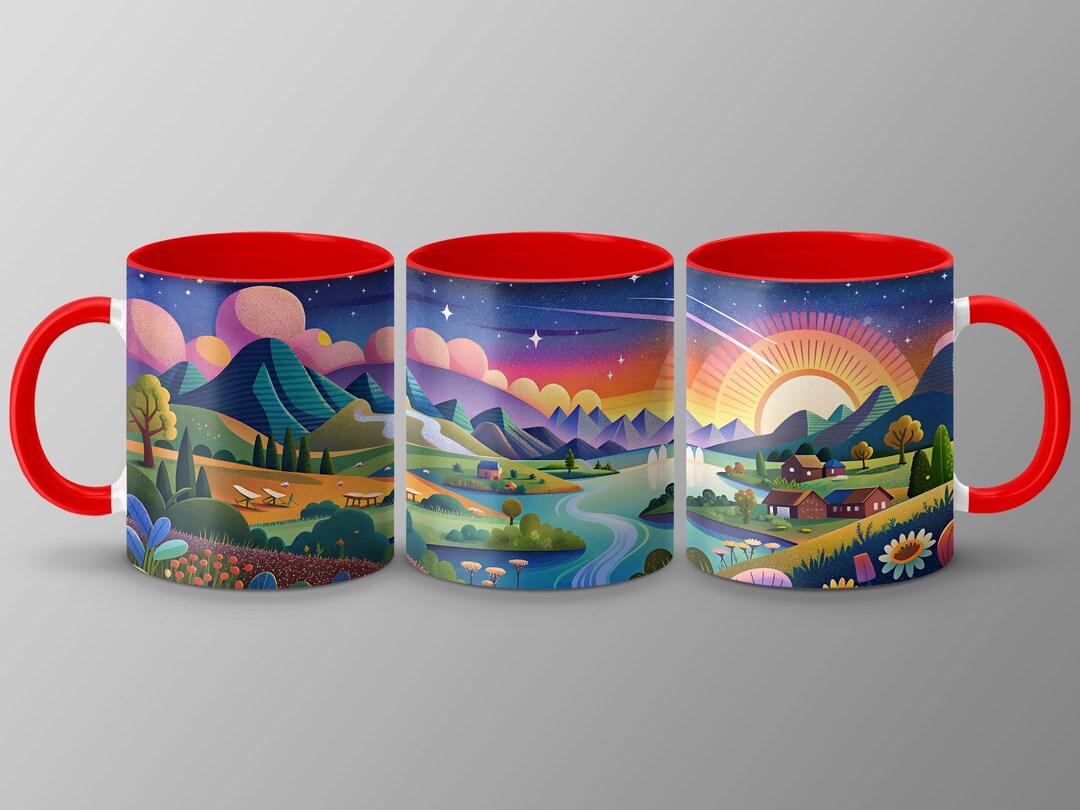 Colorful Landscape Mug, Whimsical Nature Art Coffee Cup, Vibrant ...
