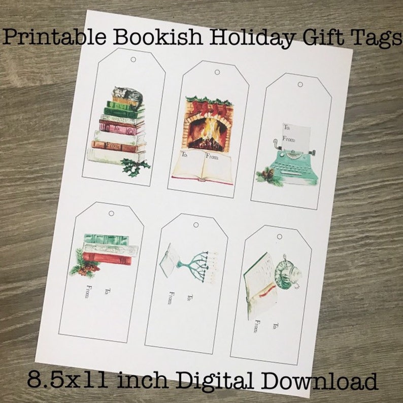 Printable Bookish Holiday Gift Tags, 8.5x11 Watercolor, Downloadable ...