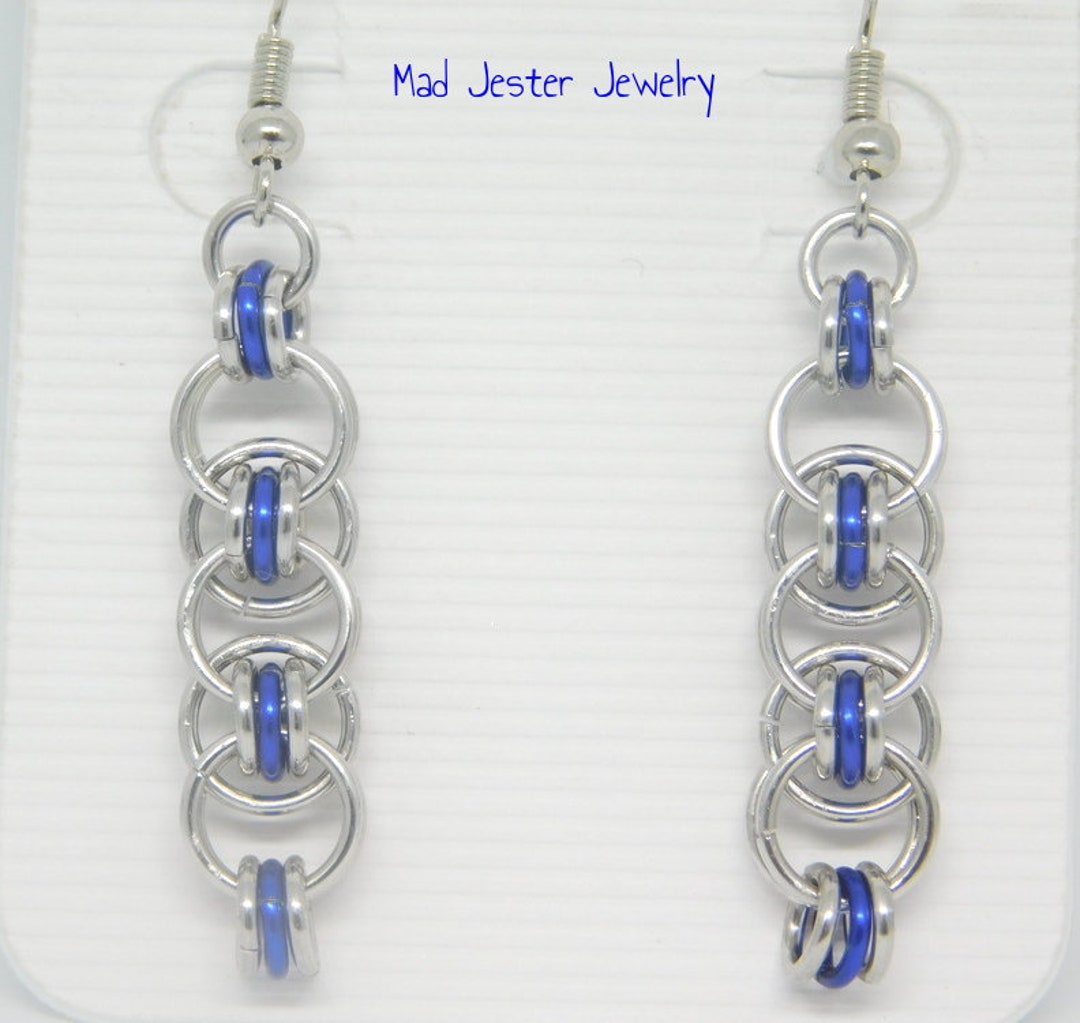 Helm Weave Chain Maille Dangle Earrings: Silver-tone With Royal Blue ...
