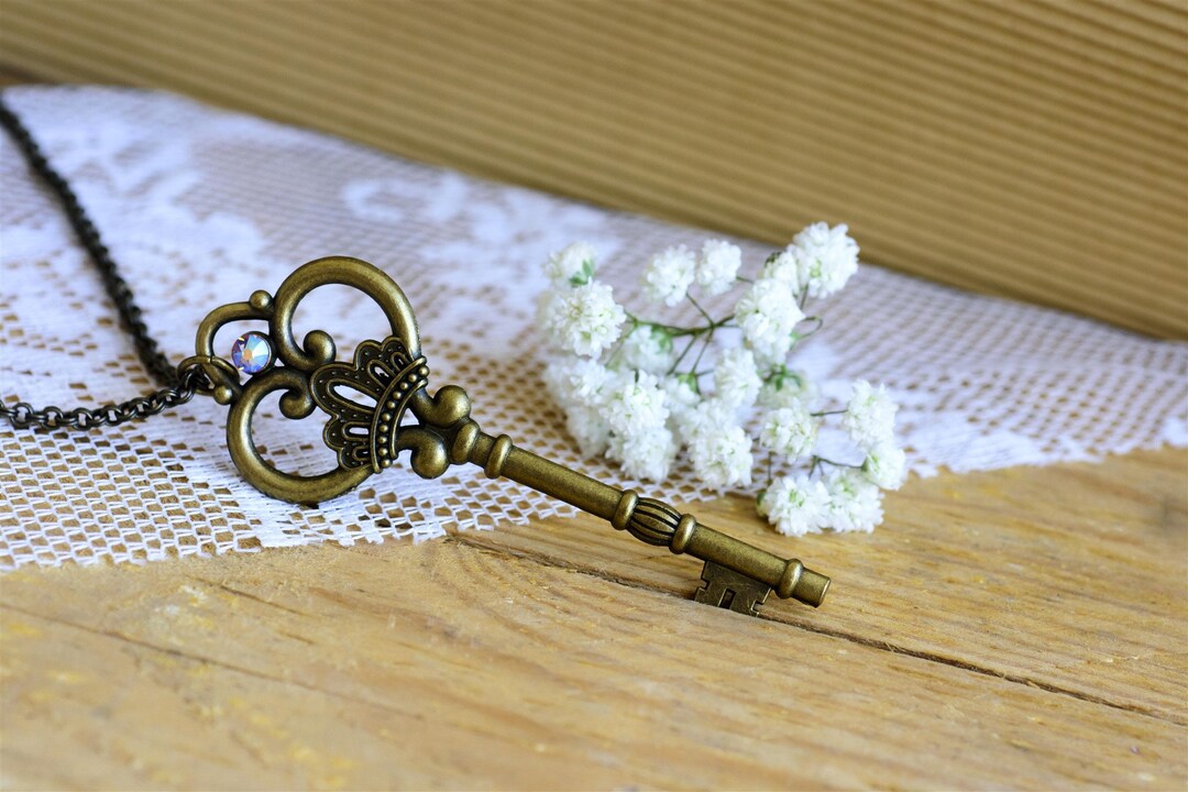 Key Necklace, Long Vintage Necklace, Antique Pendant Necklace, Brass ...