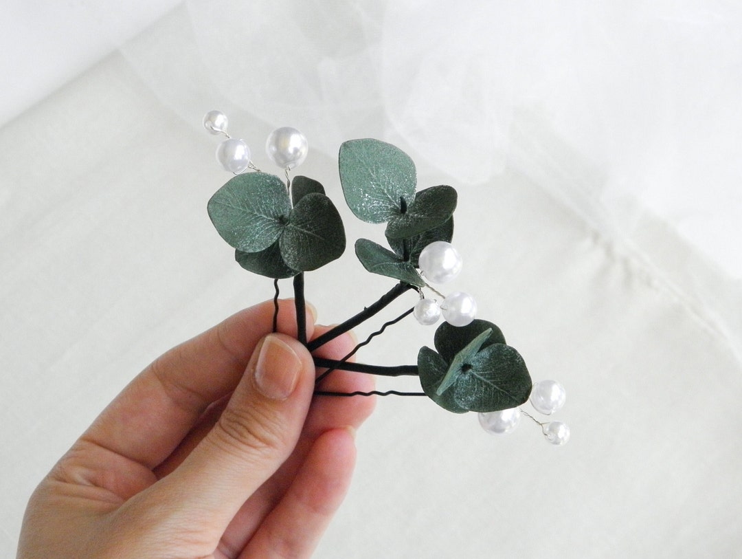 Greenery Hair Pins Eucalyptus Bridal Hair Piece Pearls Floral Wedding ...