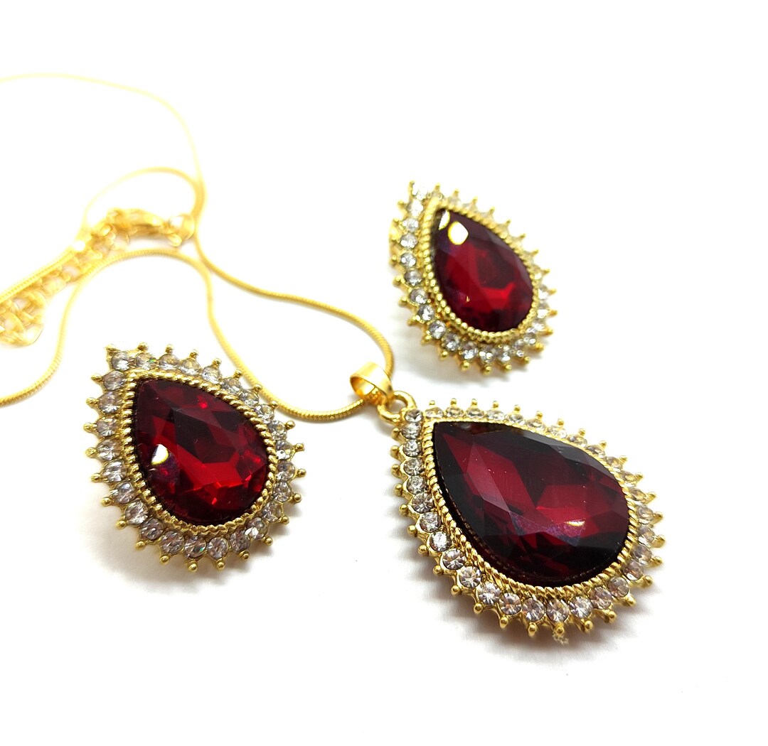 Red Gold Crystal Jewelry Set, Red Wedding Bridal Jewelry, Red Gold Drop ...
