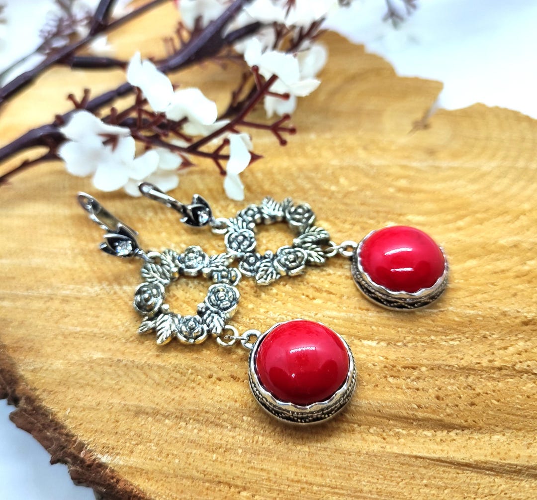 Red Coral Earrings, Red Coral Jewelry, Coral Dangle Earrings, Red Stone ...