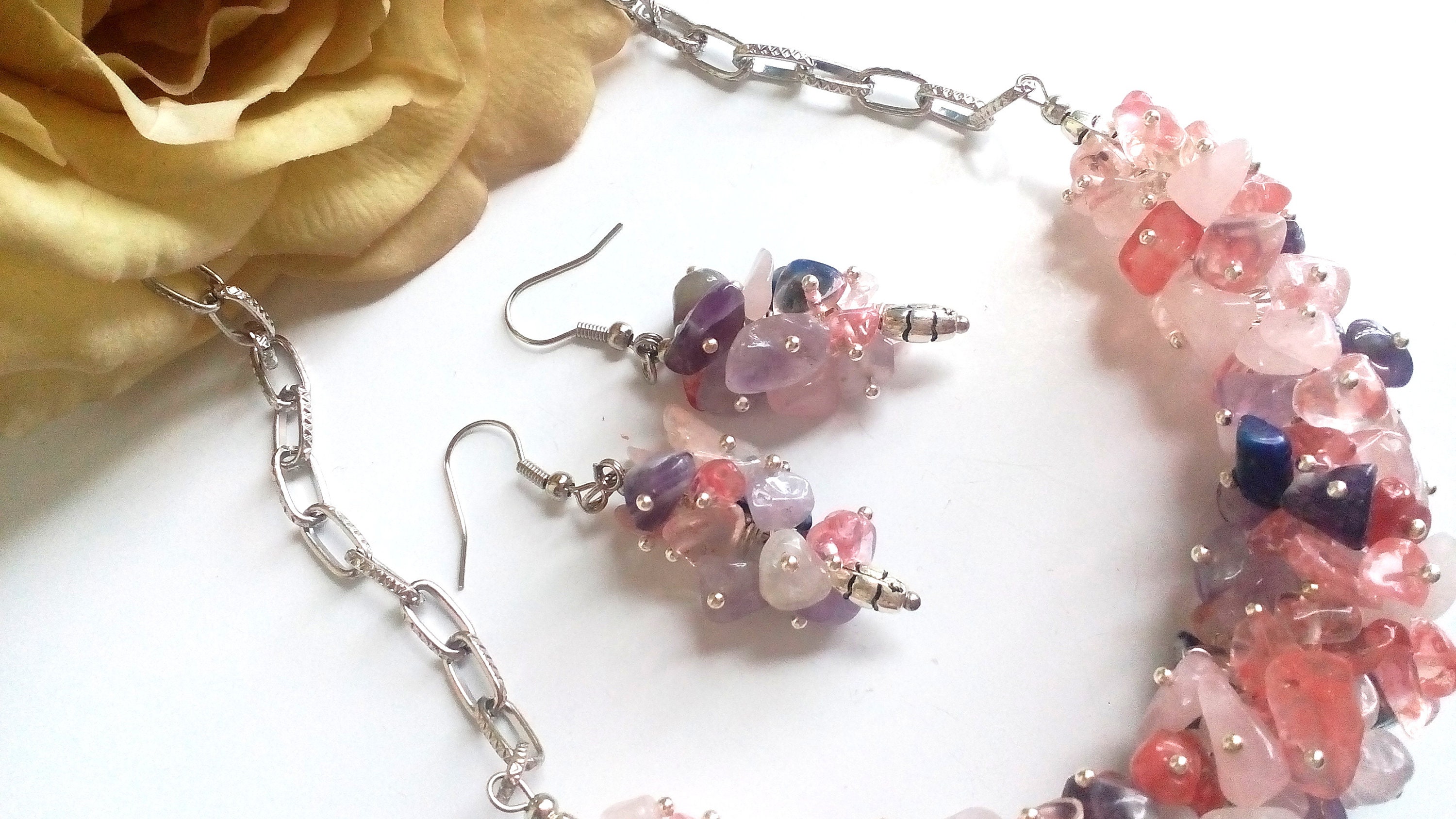 Conjunto de joyería de cuarzo rosa joyería de cuarzo rosa | Etsy