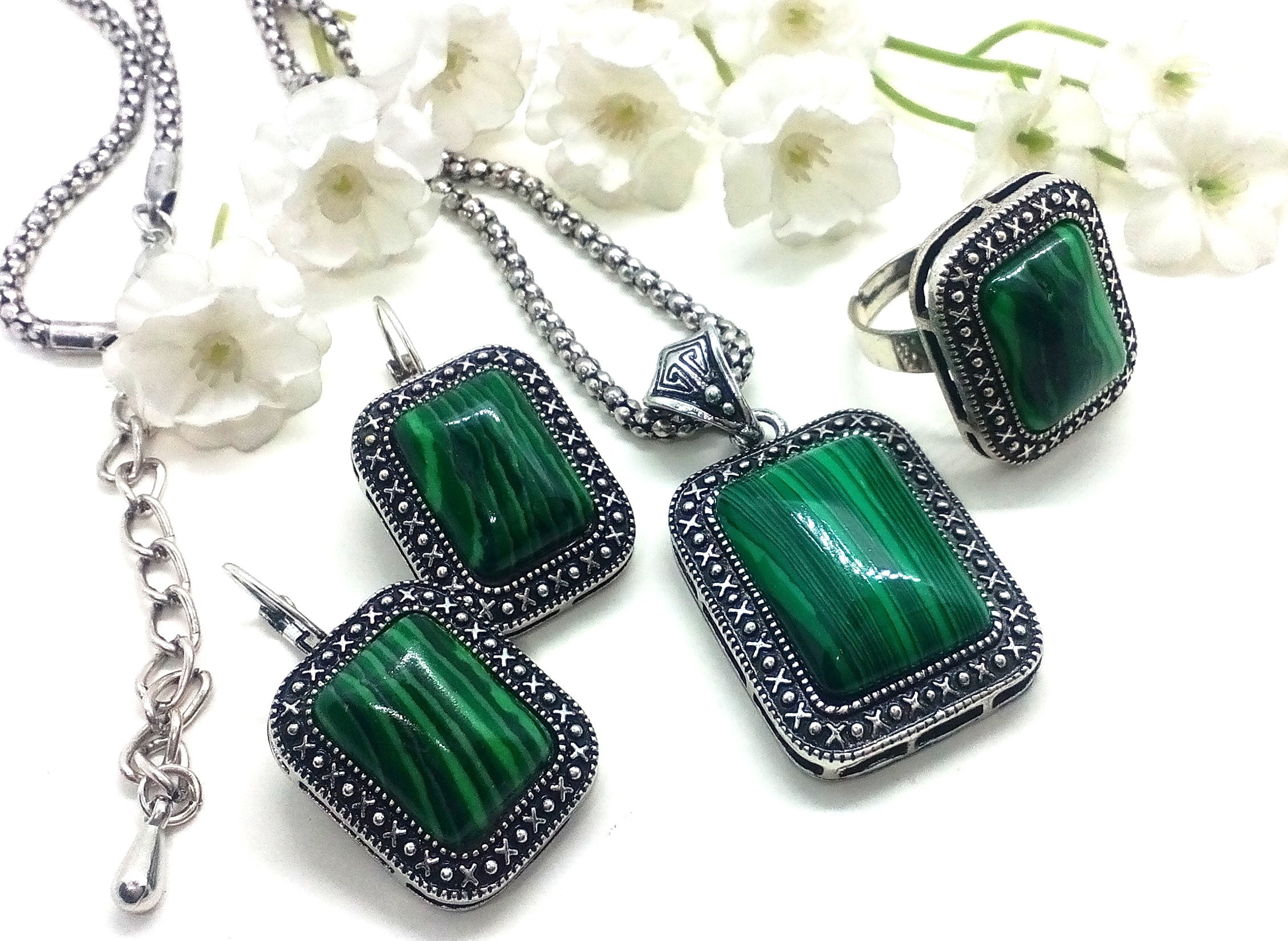 Malachite Jewelry Set Green Stone Jewelry Malachite | Etsy