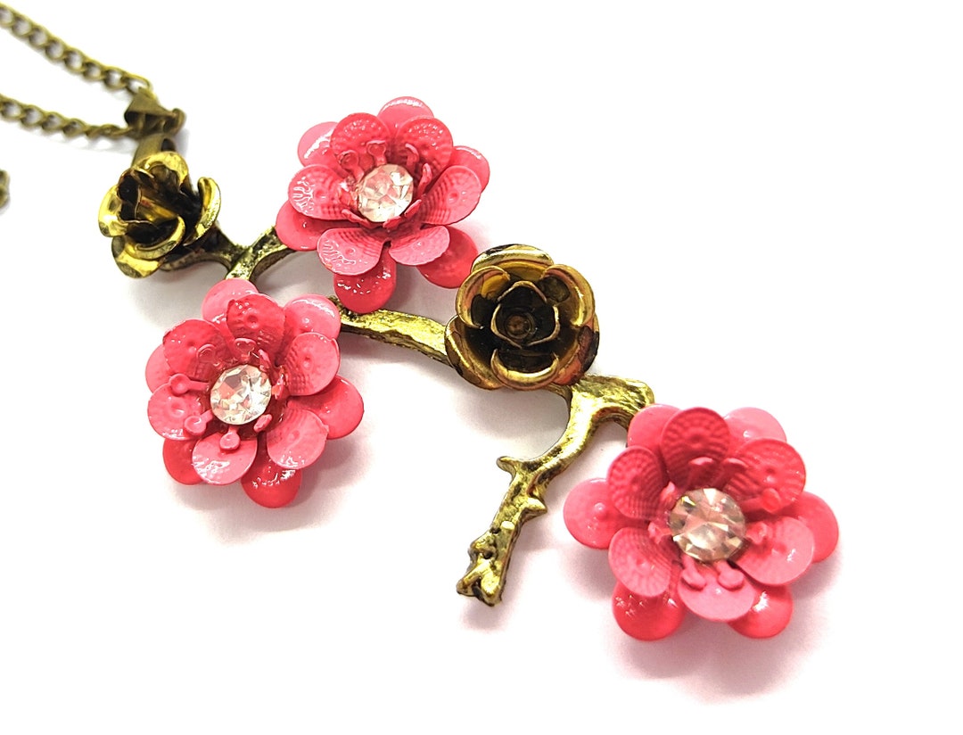 Pink Flower Necklace, Pink Metal Flower, Flower Jewelry, Crystal Flower ...