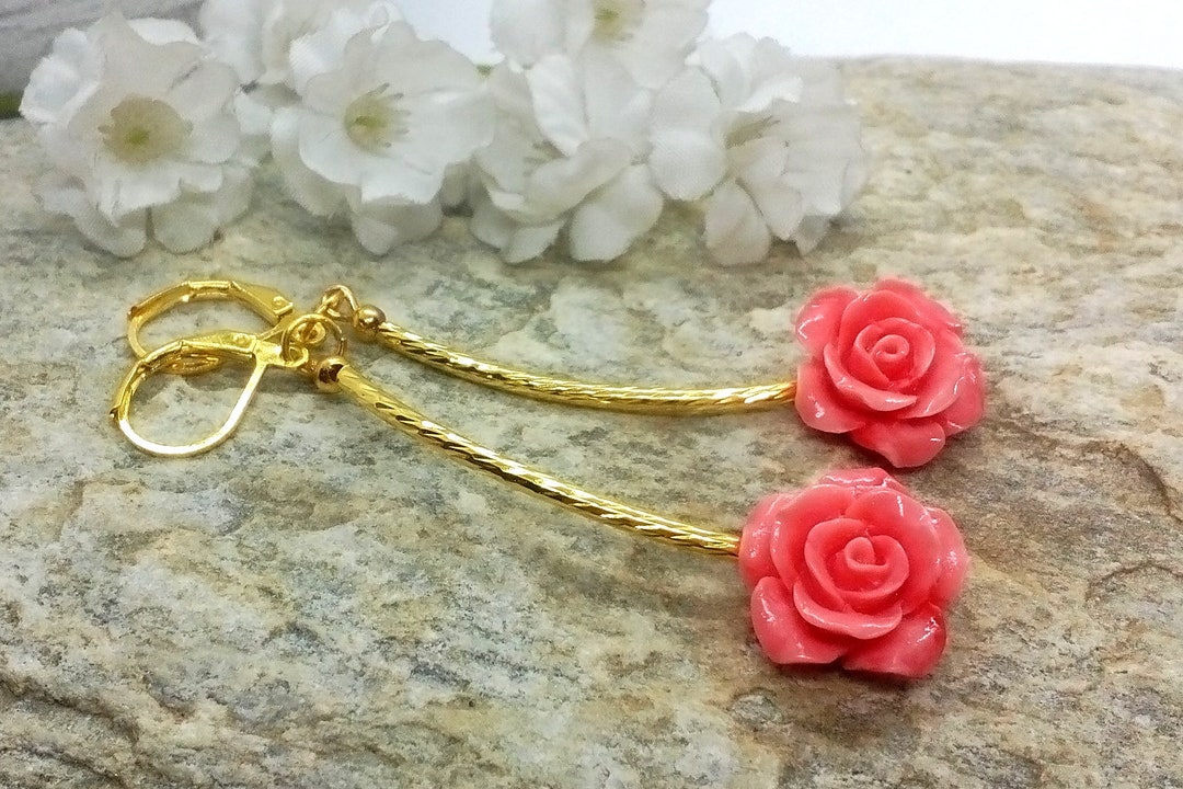 Coral Rose Earrings, Coral Rose Jewelry, Pink Coral Earrings, Coral ...