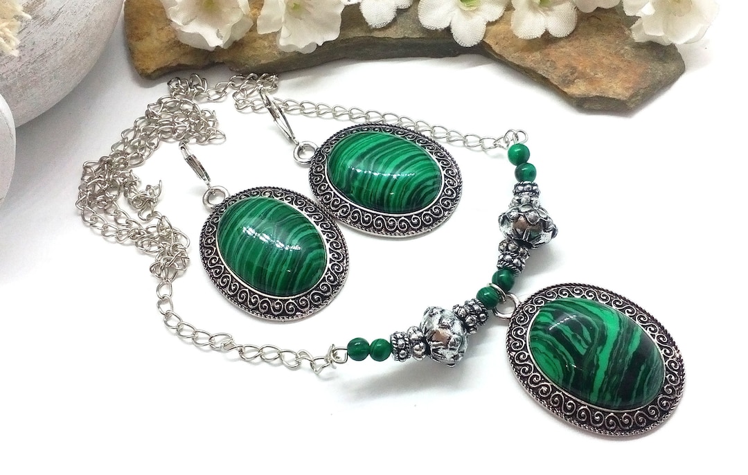 Malachite Jewelry Set, Green Stone Jewelry, Malachite Earrings, Malachite Necklace, Green Stone ...