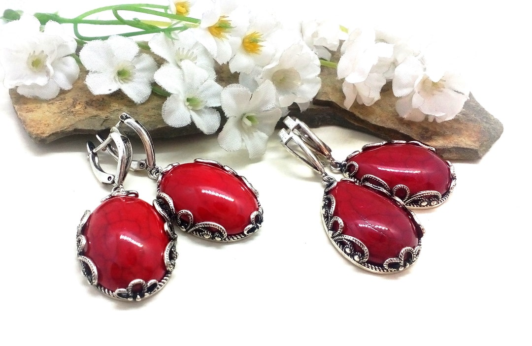 Red Coral Earrings, Red Coral Jewelry, Antique Coral Earrings, Vintage ...