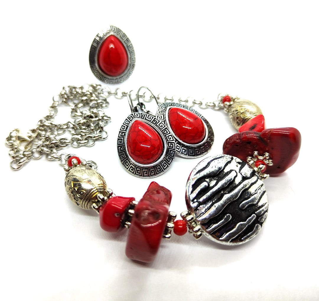 Red Coral Jewelry Set, Vintage Coral Jewelry, Red Coral Necklace, Red ...