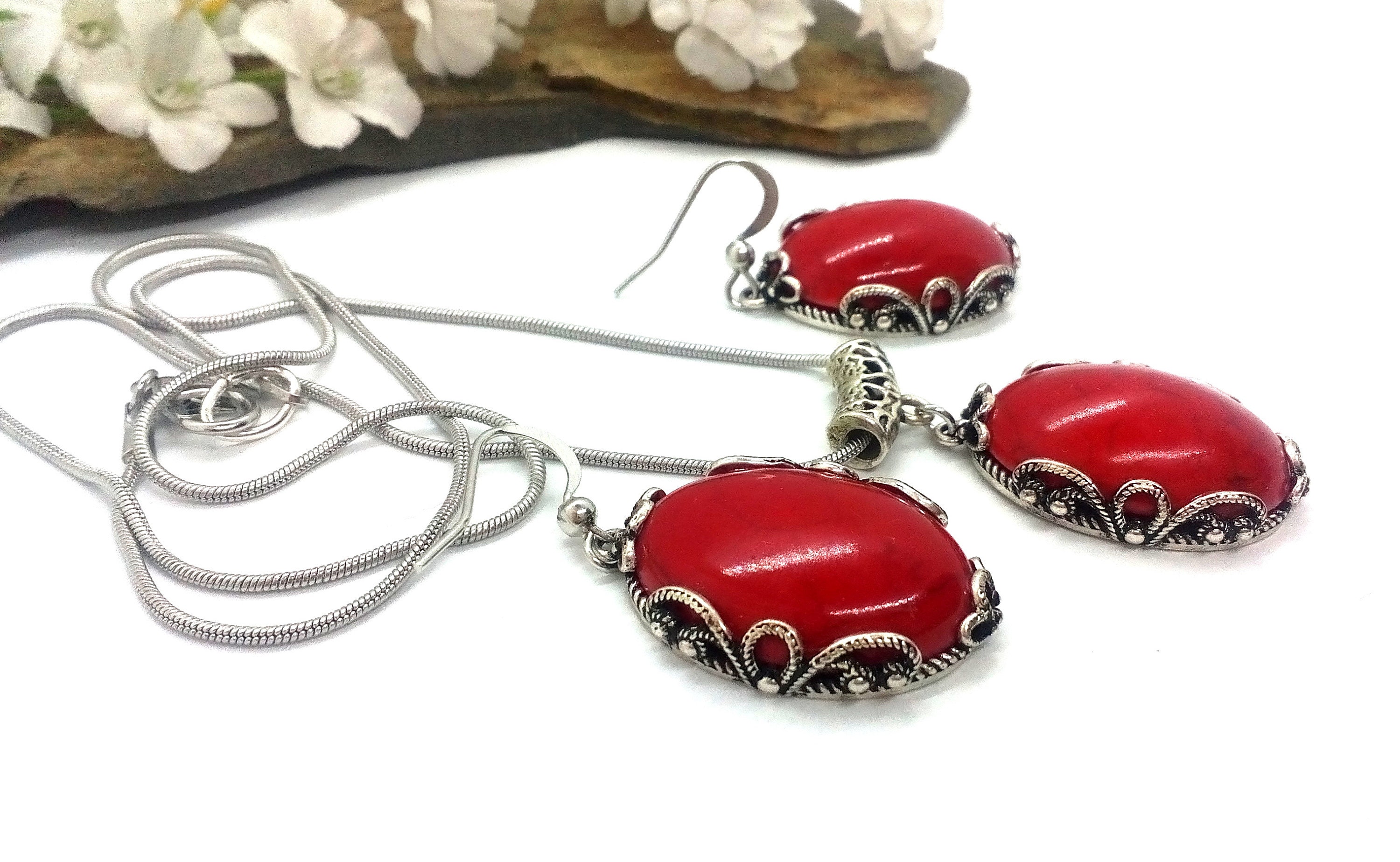 Red Coral Jewelry Set, Red Coral Stone Jewelry, Oval Shape Stone, Red ...