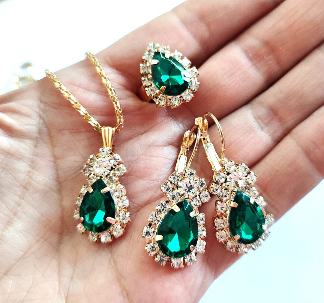 Green Emerald Locket Set, Emerald Green Victorian Jewelry Set ...
