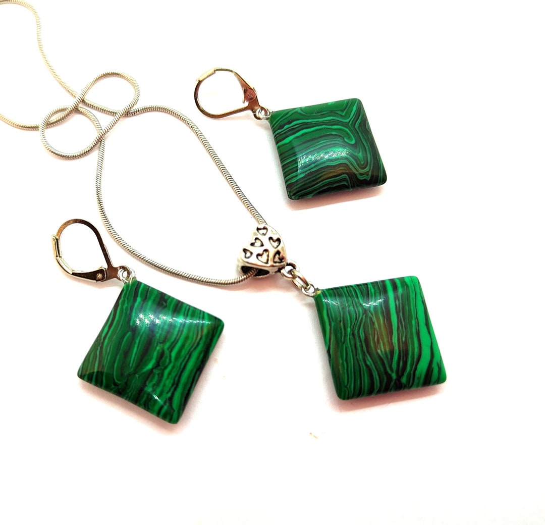 Malachite Jewelry Set, Green Stone Jewelry, Malachite Earrings ...