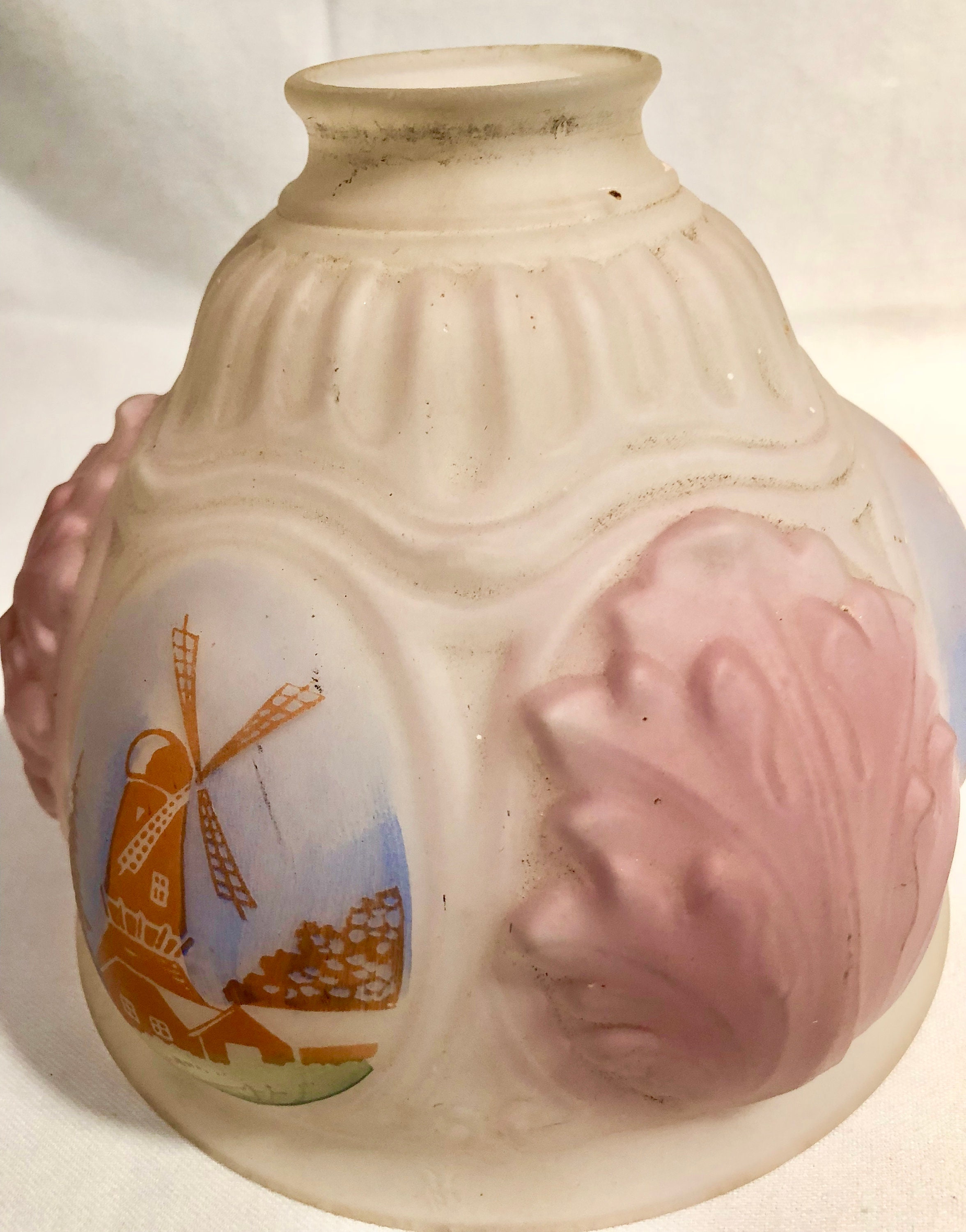 Antique Frosted Glass Lamp Shade With Windmill And Pink Shell Pattern