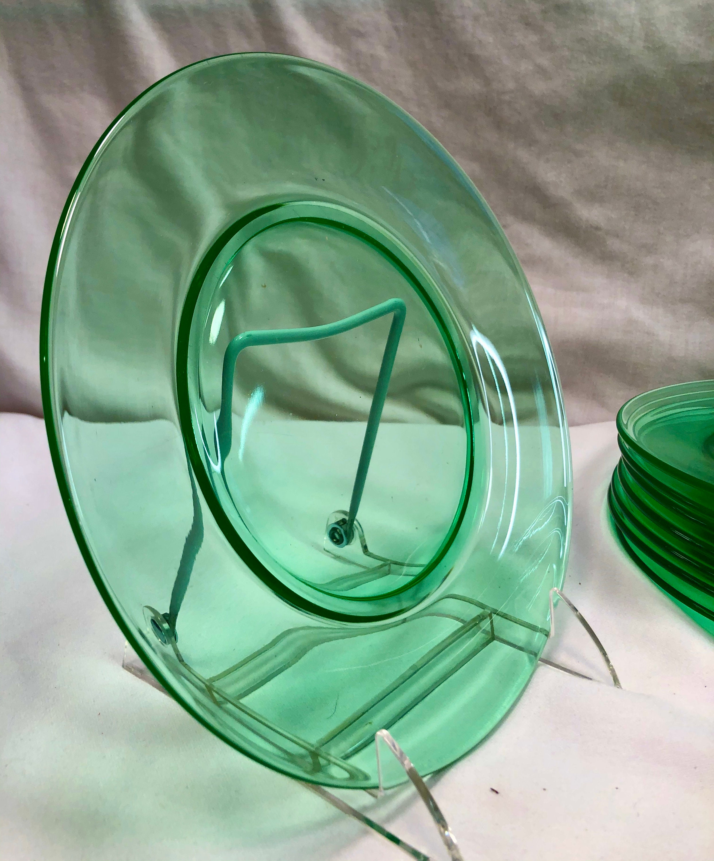 Vintage Midcentury Green Glass Plates- Set of Eight