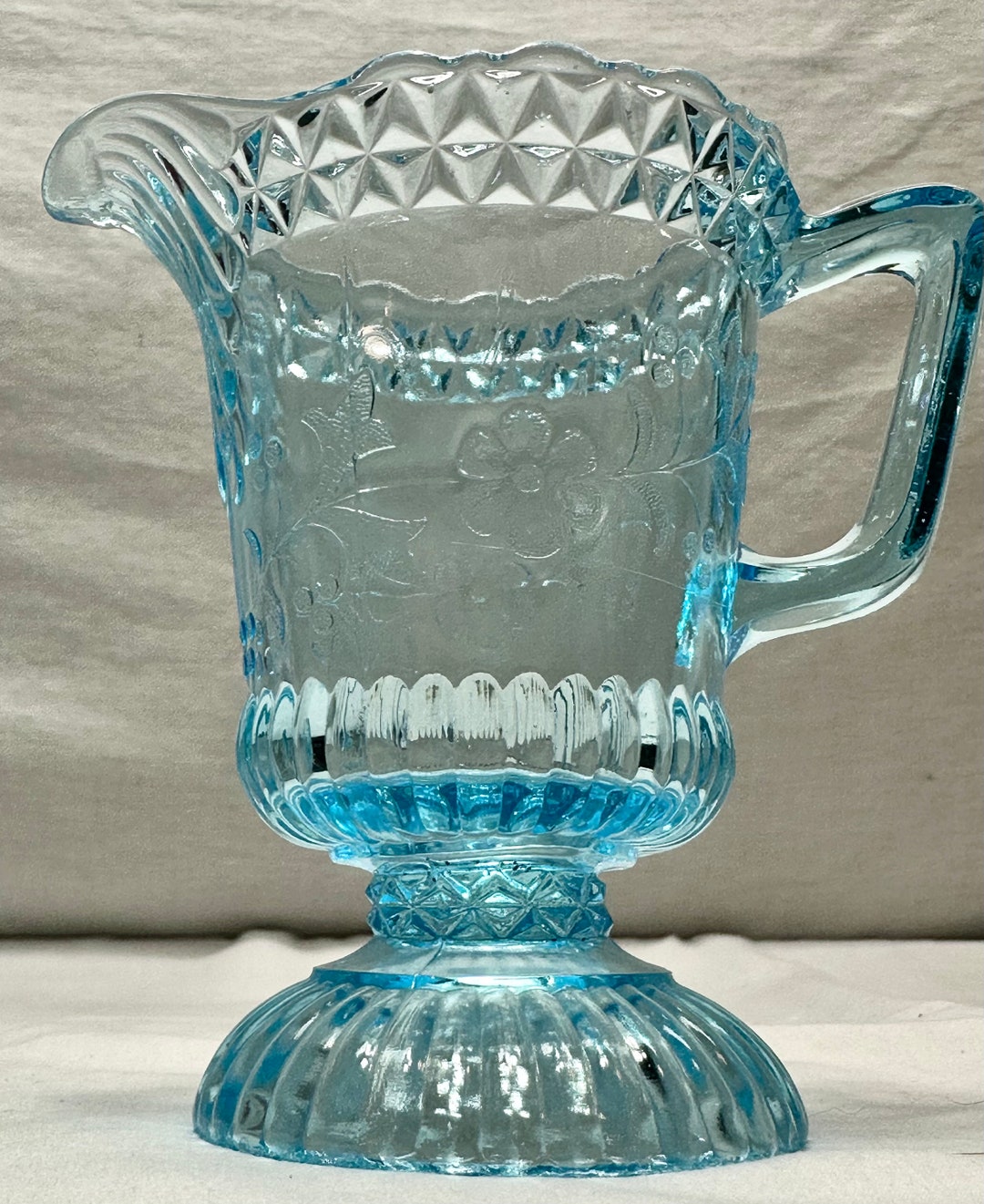 Vintage Clear Blue Depression Glass Footed Creamer/pitcher With Floral ...