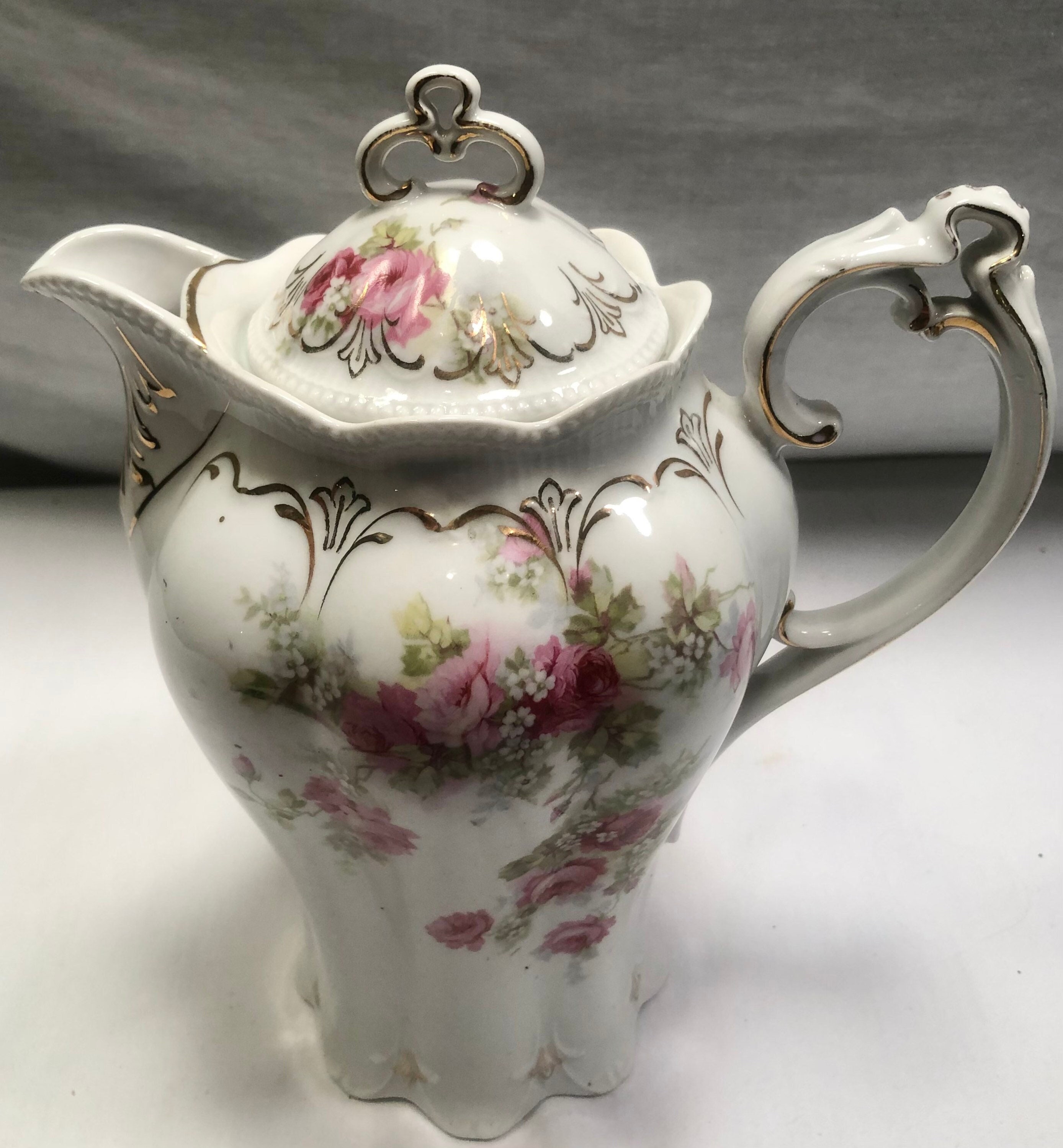 Vintage Porcelain Painted Pink Floral Chocolate/Coffee Pot, Austria