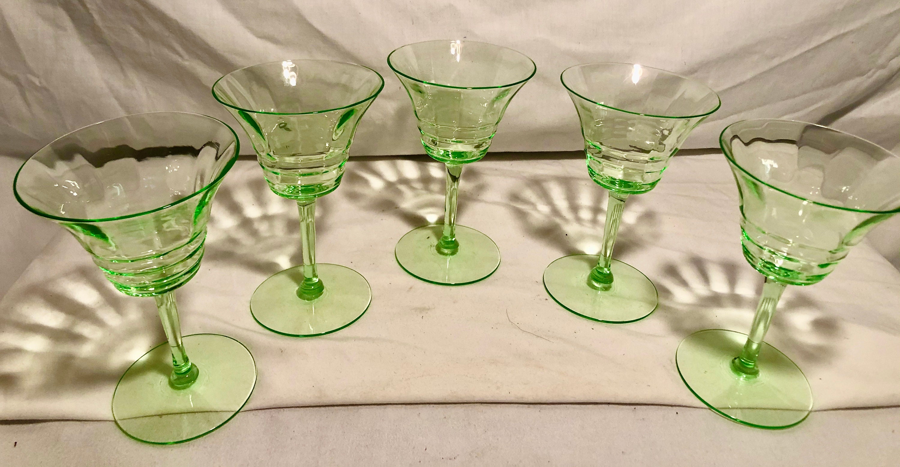 Vintage Green Vaselineuranium Depression Glass Winecocktail Glasses Set Of Five