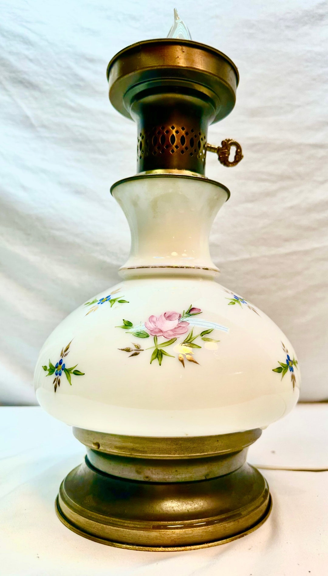 Vintage White Glass Table/accent Electric Hurricane Lamp With Floral ...