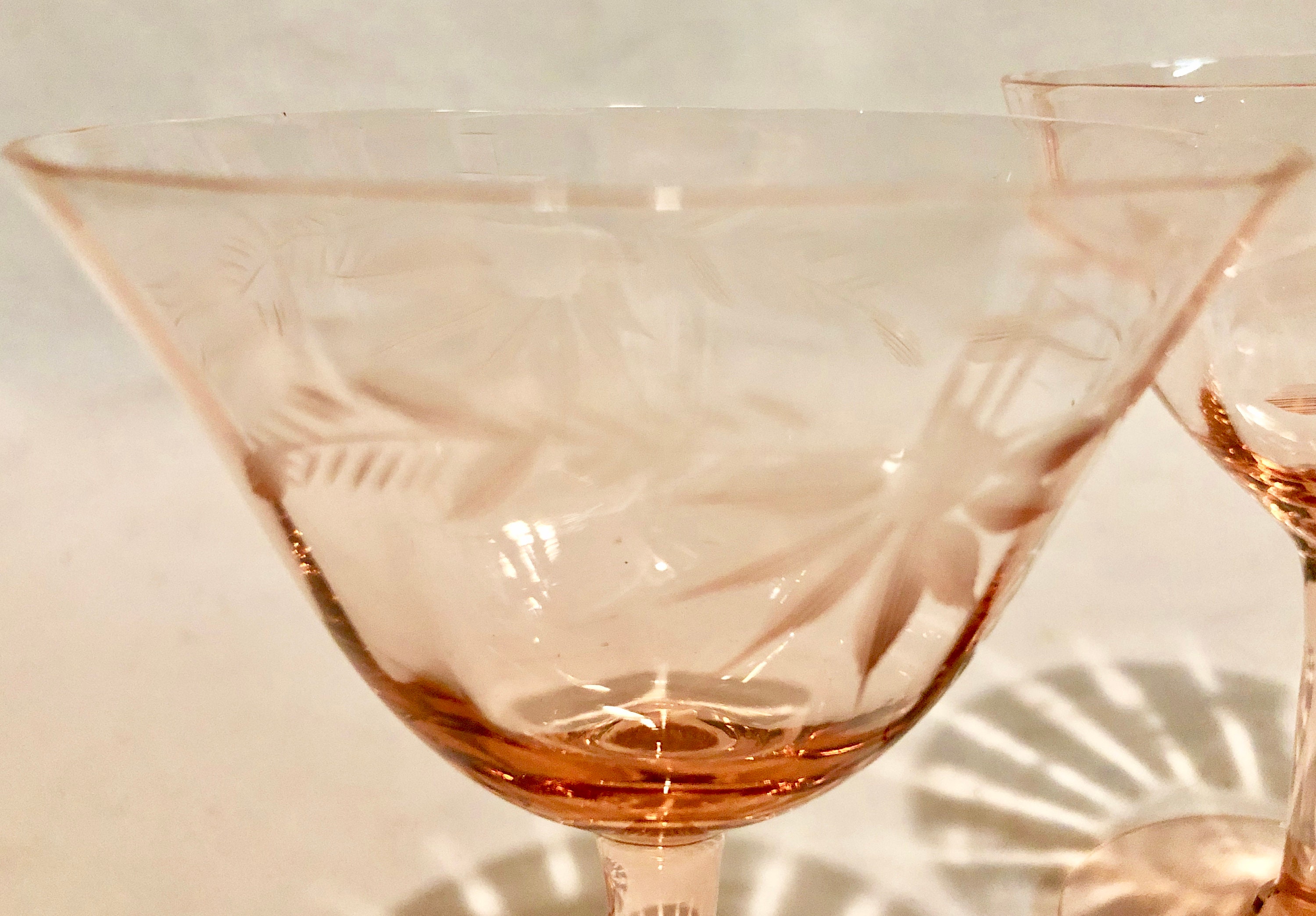 Vintage Blush Pink Floral Etched Depression Glass Winecocktail Glasses Set Of Three