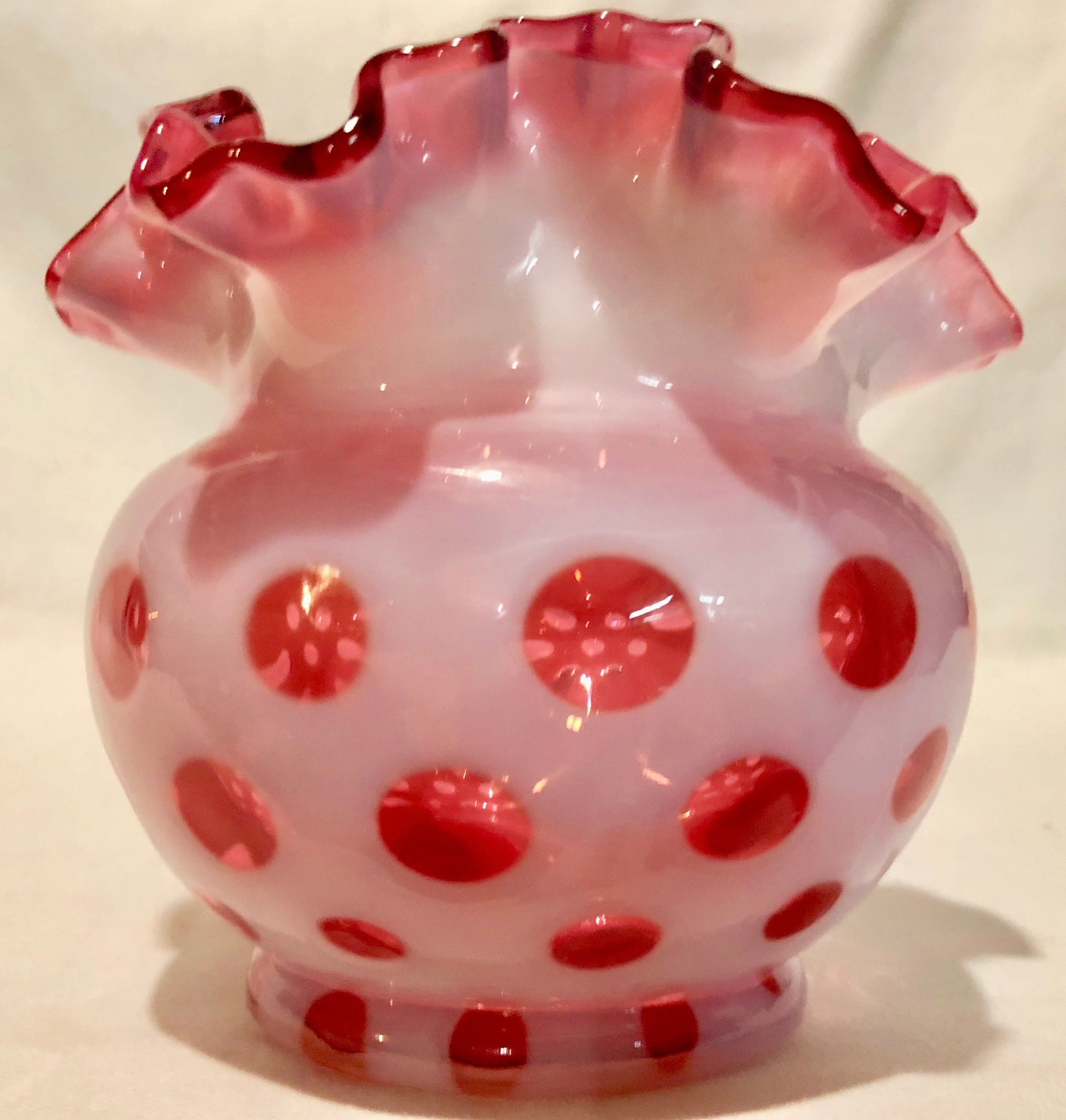 Antique Fenton Glass White Opalescent And Pink Cranberry Ruffled Coin Dot Vase